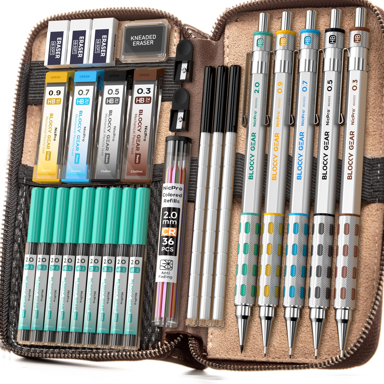 Nicpro Blocky Gear Metal Mechanical Pencil Set in Leather Case, 29PCS Nicpro Blocky Gear Metal Mechanical Pencil Set in Leather Case, 29PCS