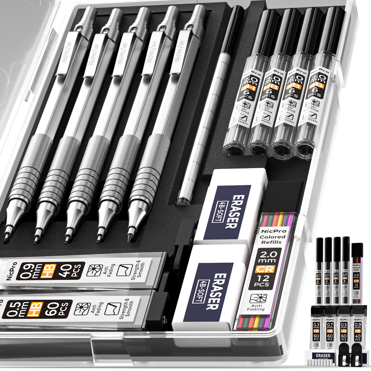 Nicpro 5 PCS Art Mechanical Pencils Set, Metal Drafting Pencil 0.3 & 0