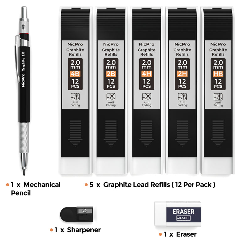 Nicpro 2.0 mm Mechanical Pencil Set, Artist Metal Lead Holder with 5 T