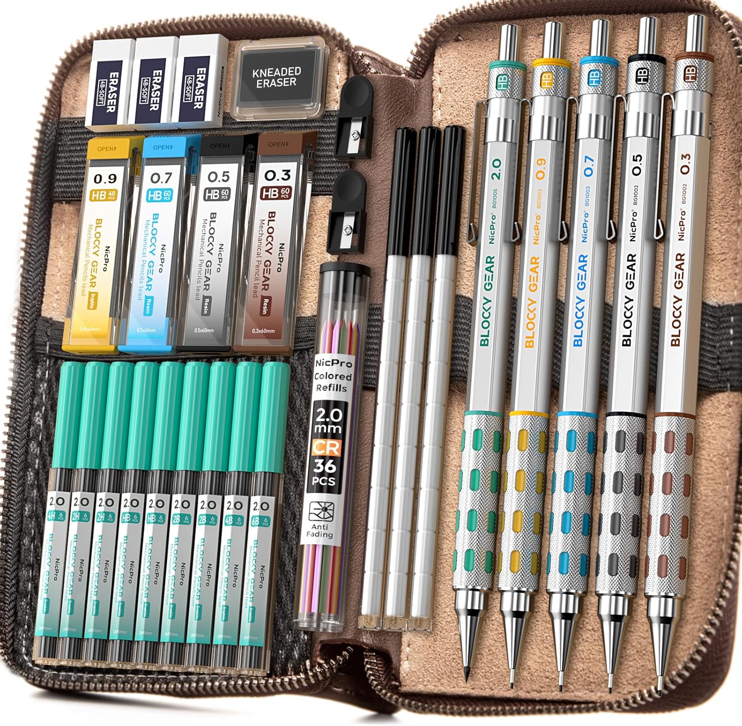 Nicpro Blocky Gear Metal Mechanical Pencil Set in Leather Case, 29PCS