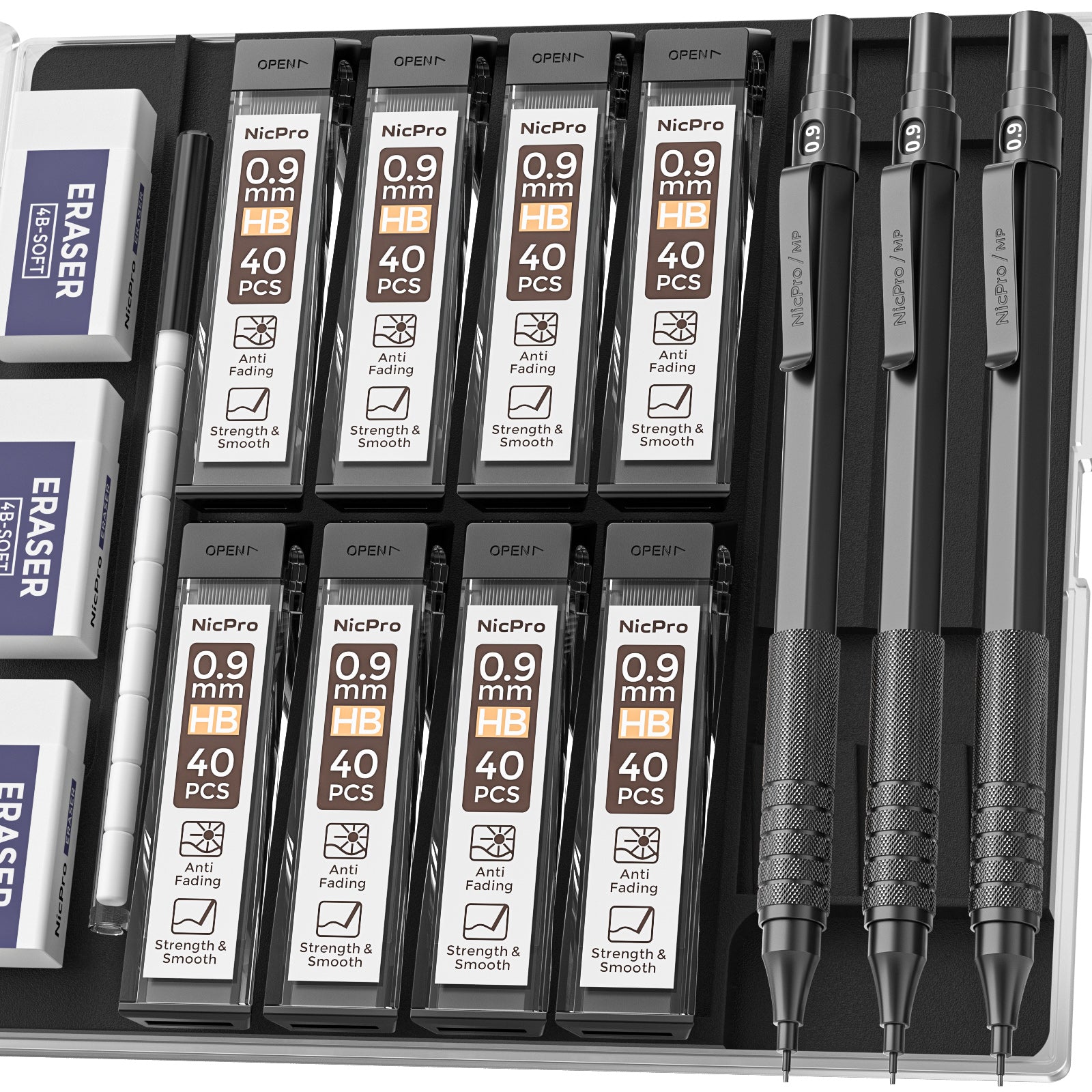 Nicpro Metal 0.9 mm Mechanical Pencils Set with Case, 3PCS Black 0.9mm