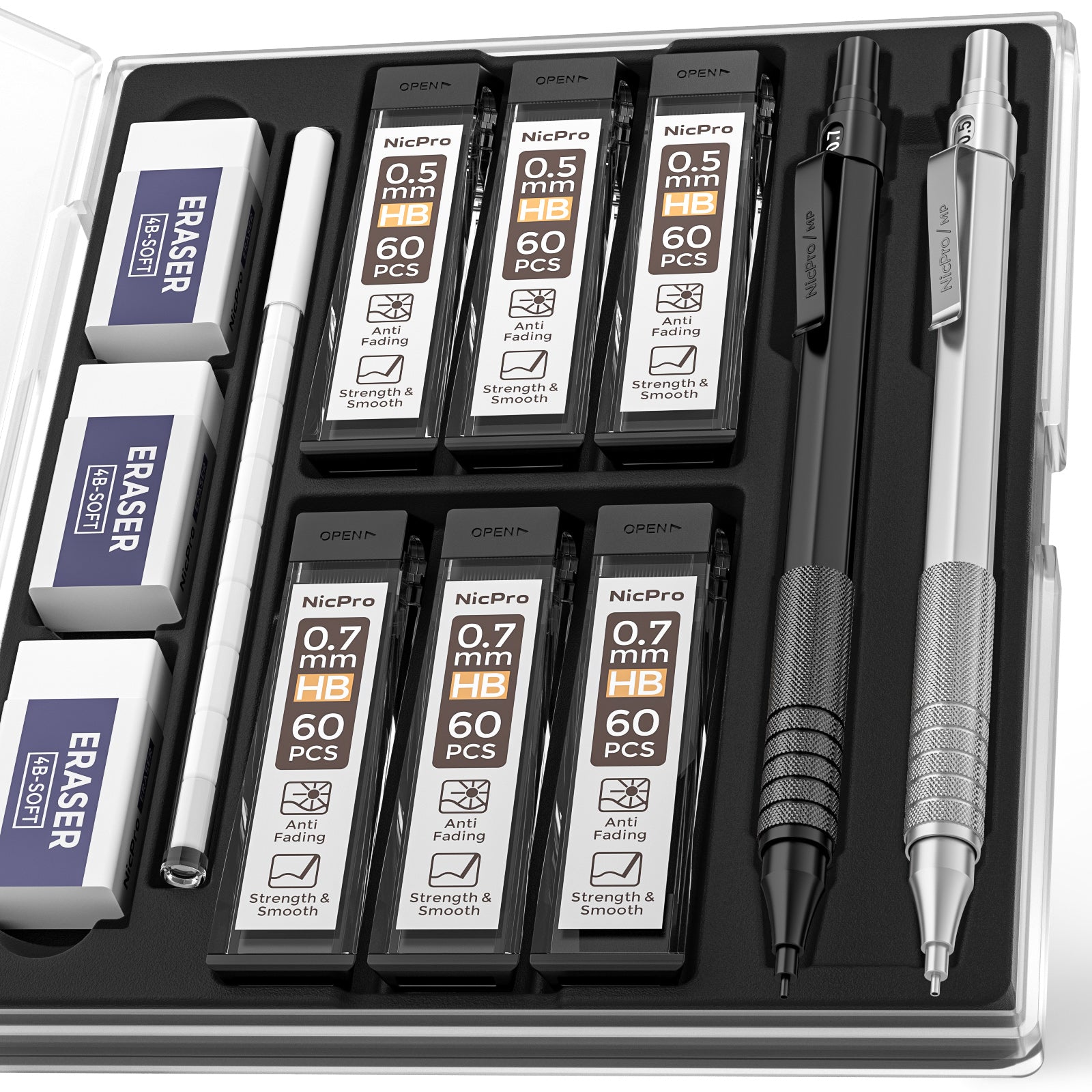 Nicpro 2 PCS Mechanical Pencils 0.5mm & 0.7 mm with Case, MP1000 Metal