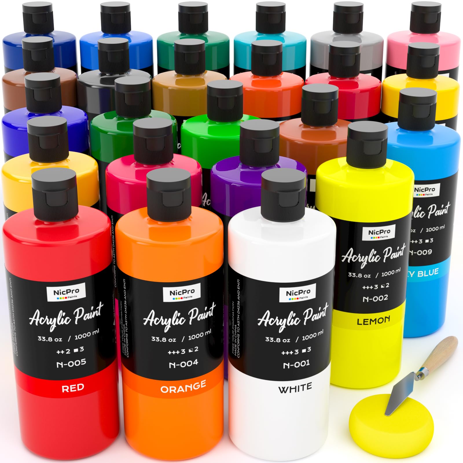 NicPro Paint 24 Colors Large Bulk Acrylic Paint Set (33.8 oz,1000 ml)