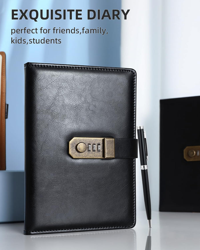 Nicpro Diary with Lock, A5 PU Leather Journal with Lock, Metal Pen, 26