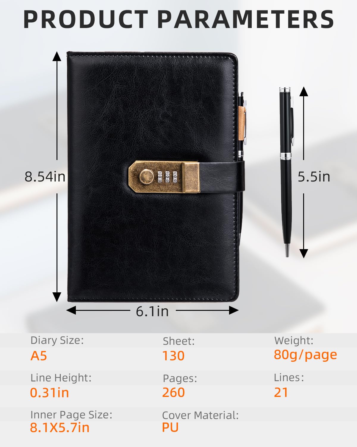 Nicpro Diary with Lock, A5 PU Leather Journal with Lock, Metal Pen, 26