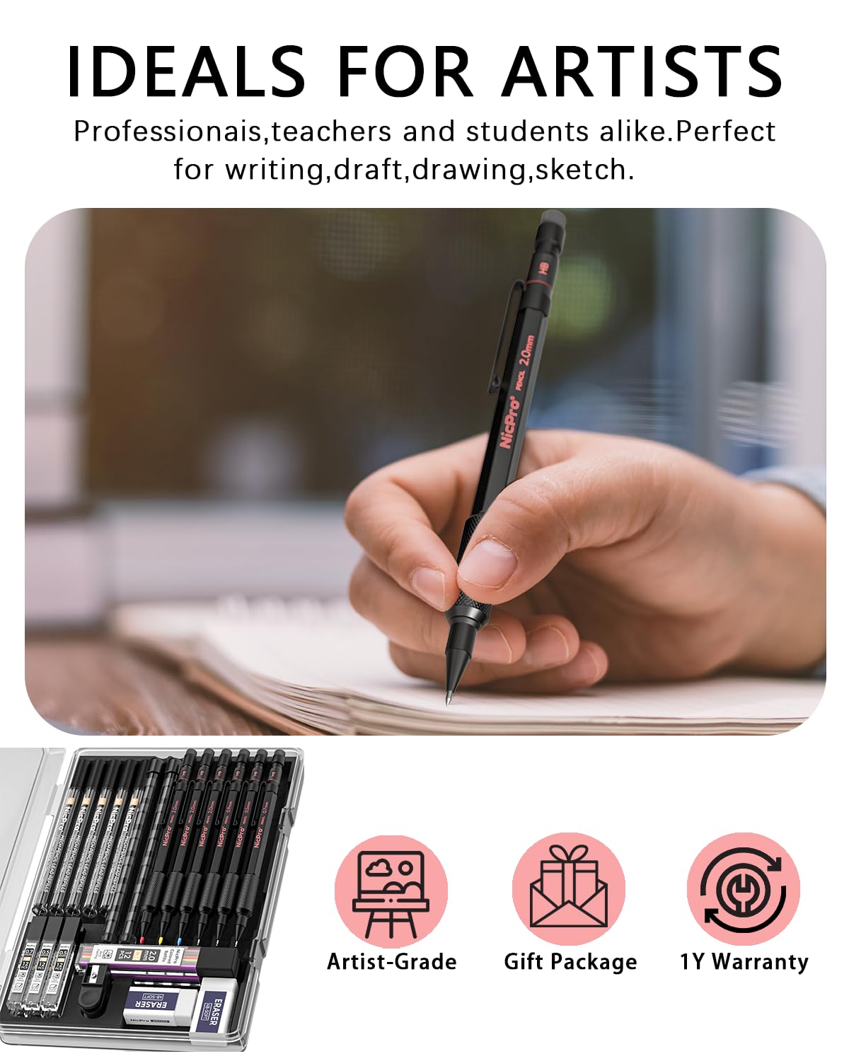 Nicpro 27PCS Art Mechanical Pencils Set in Case, Metal Drafting Pencil