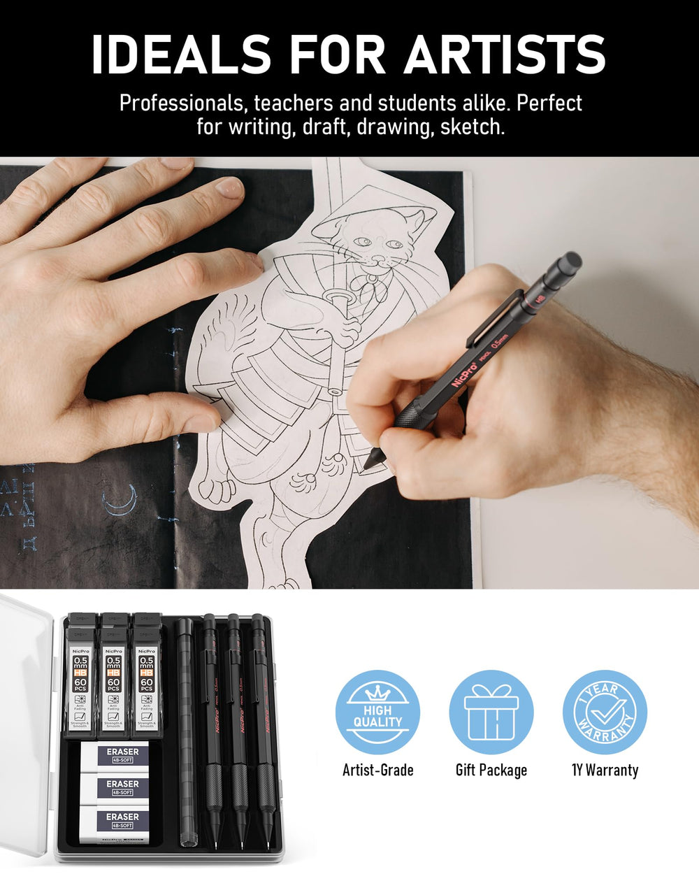 Nicpro 0.5 mm Mechanical Pencils Set with Case, 3PCS Professional Meta