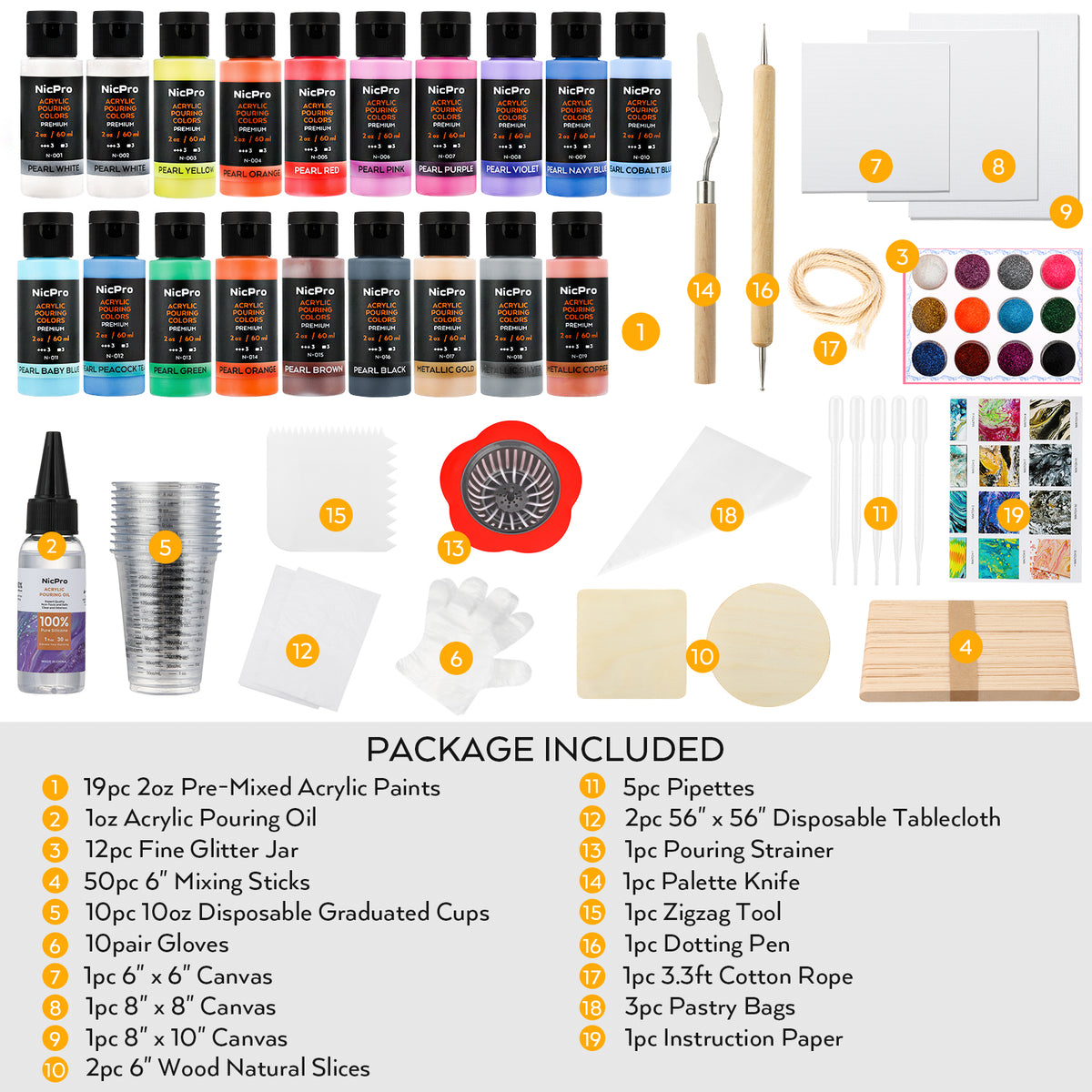 Nicpro 123 Pack Metallic Acrylic Pouring Paint Set, 19 Colors (2oz / 6
