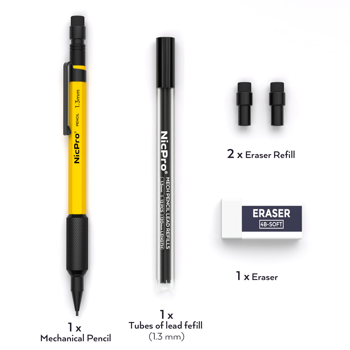 Nicpro 1.3 mm Mechanical Pencils Set with 12 Lead Refill, Eraser - Wea