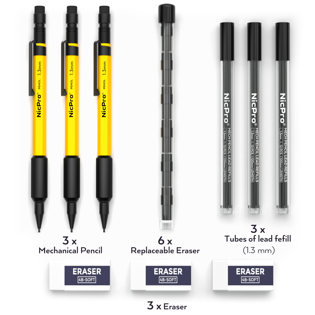 Nicpro 3 PCS 1.3 mm Mechanical Pencils Set with 36 Lead Refill, 3 Eras