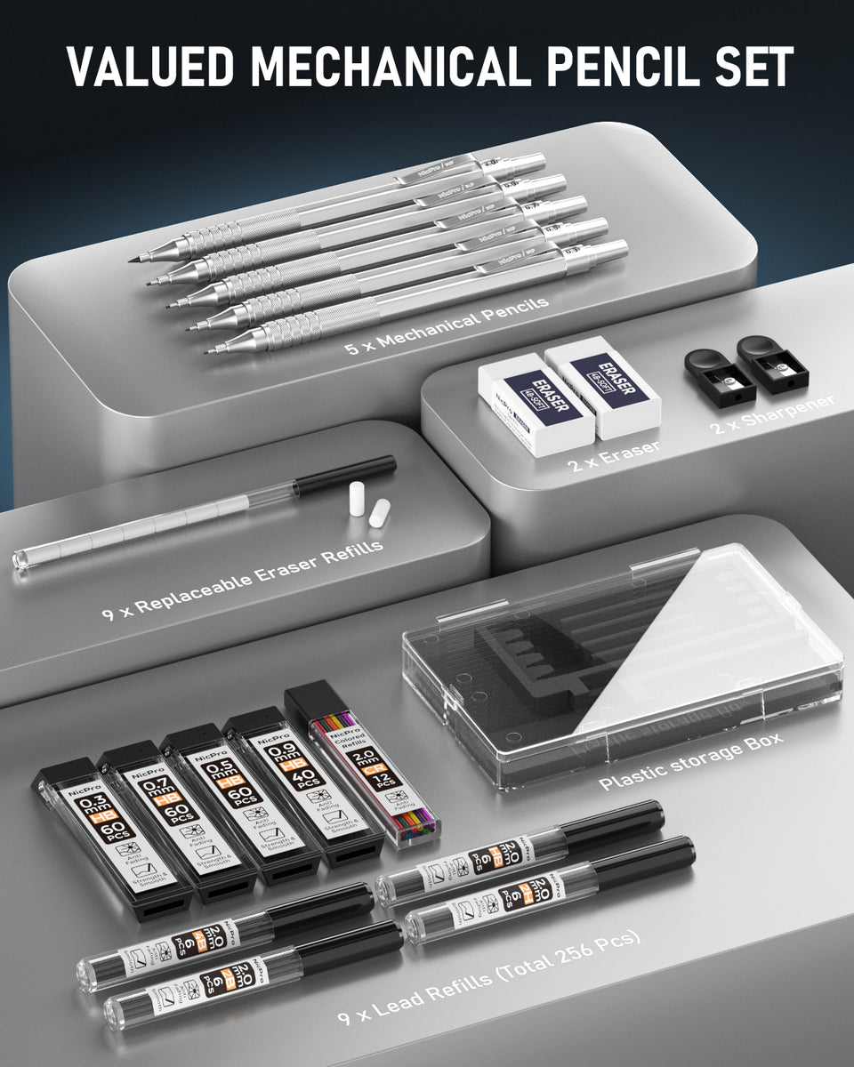 Nicpro 5 PCS Art Mechanical Pencils Set, Metal Drafting Pencil 0.3 & 0
