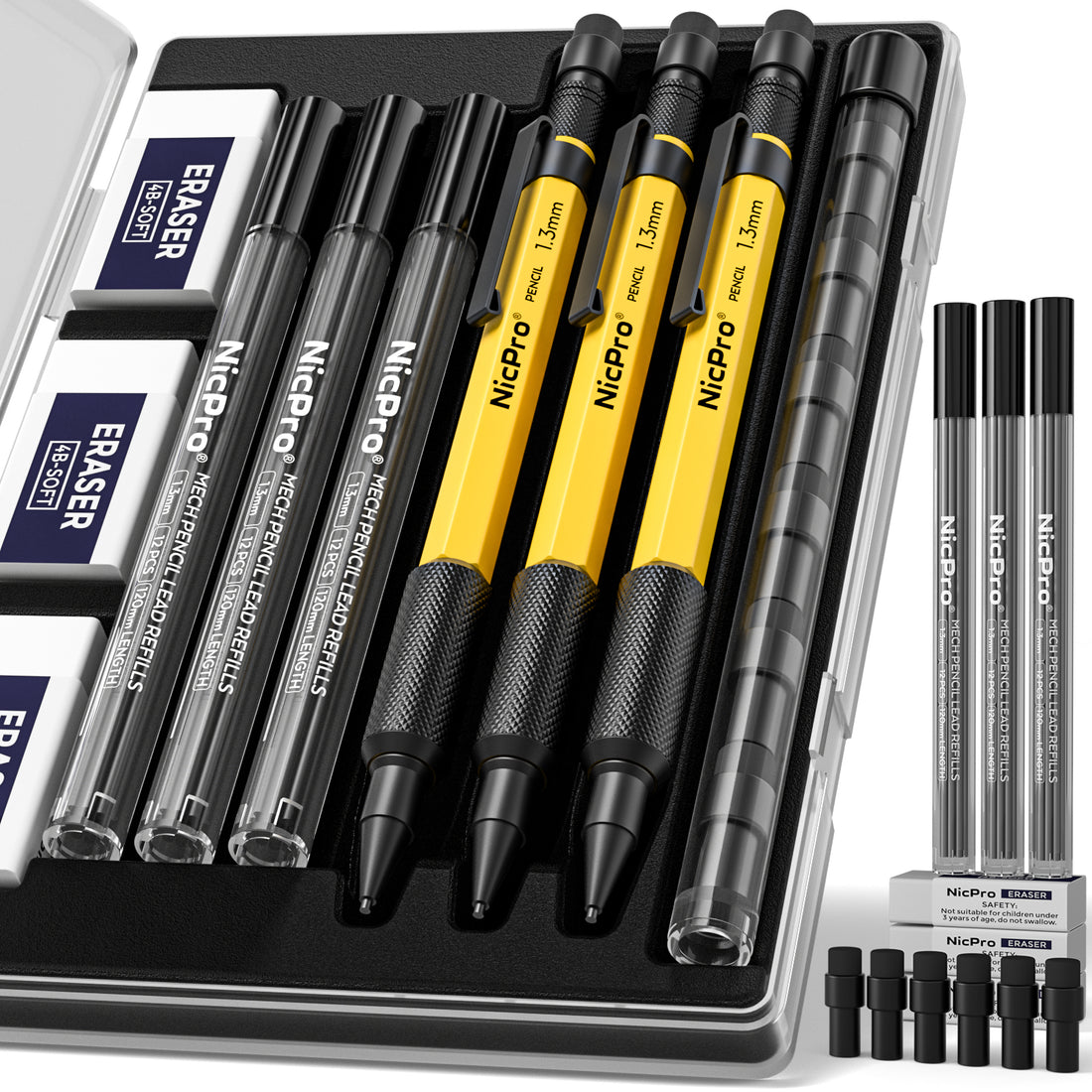 Nicpro 3 PCS 1.3 mm Mechanical Pencils Set with 36 Lead Refill, 3 Eras