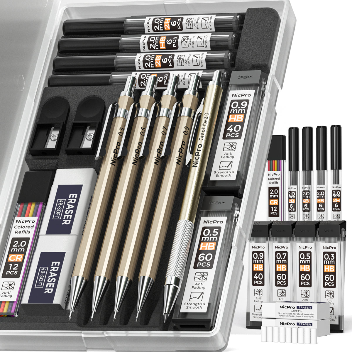 Nicpro 5 PCS Metal Mechanical Pencil Set in Case, Drafting Pencils 0.3